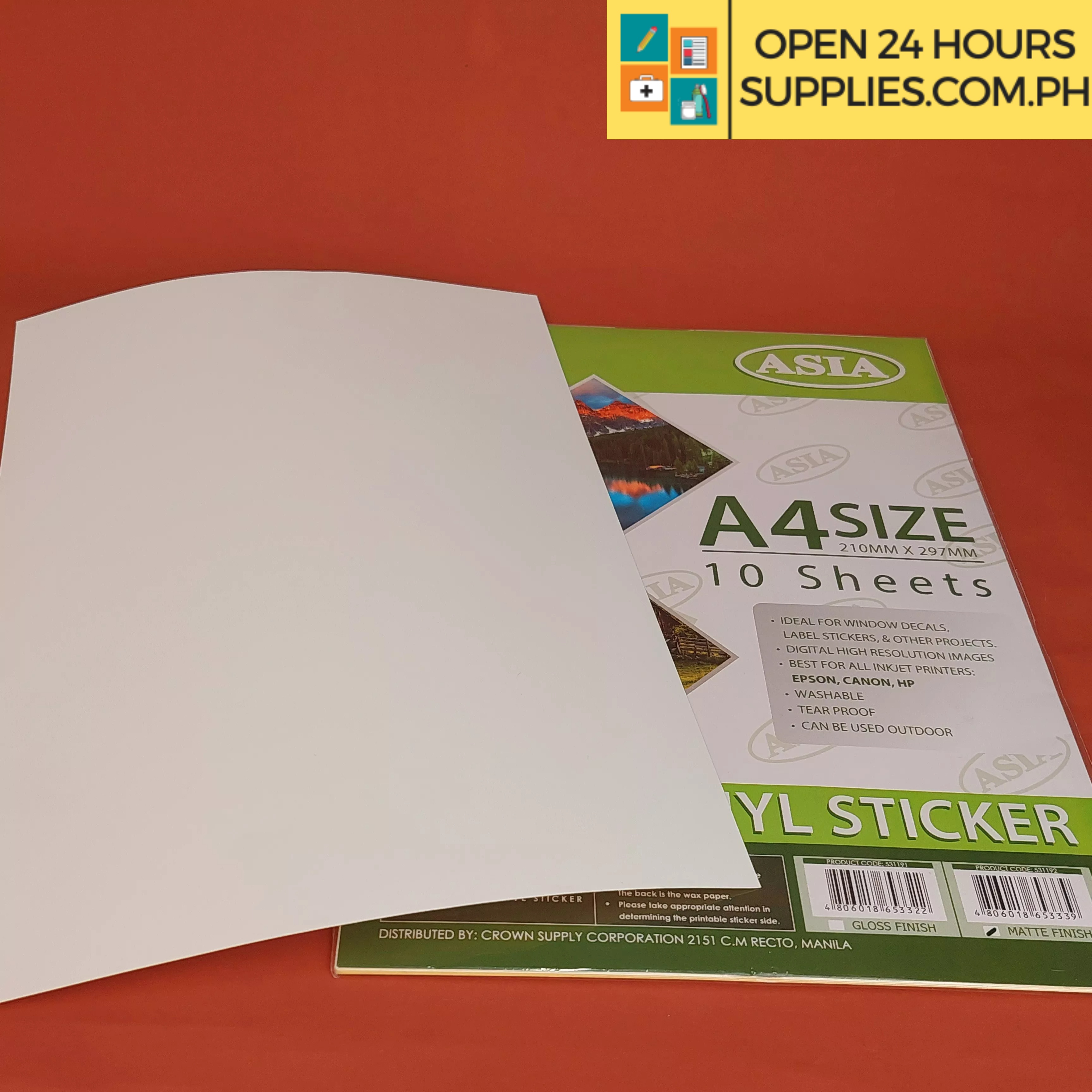 Photo Vinyl Sticker (Asia) s:A4 q:10s v:Matte Finish - Supplies 24/7 Delivery
